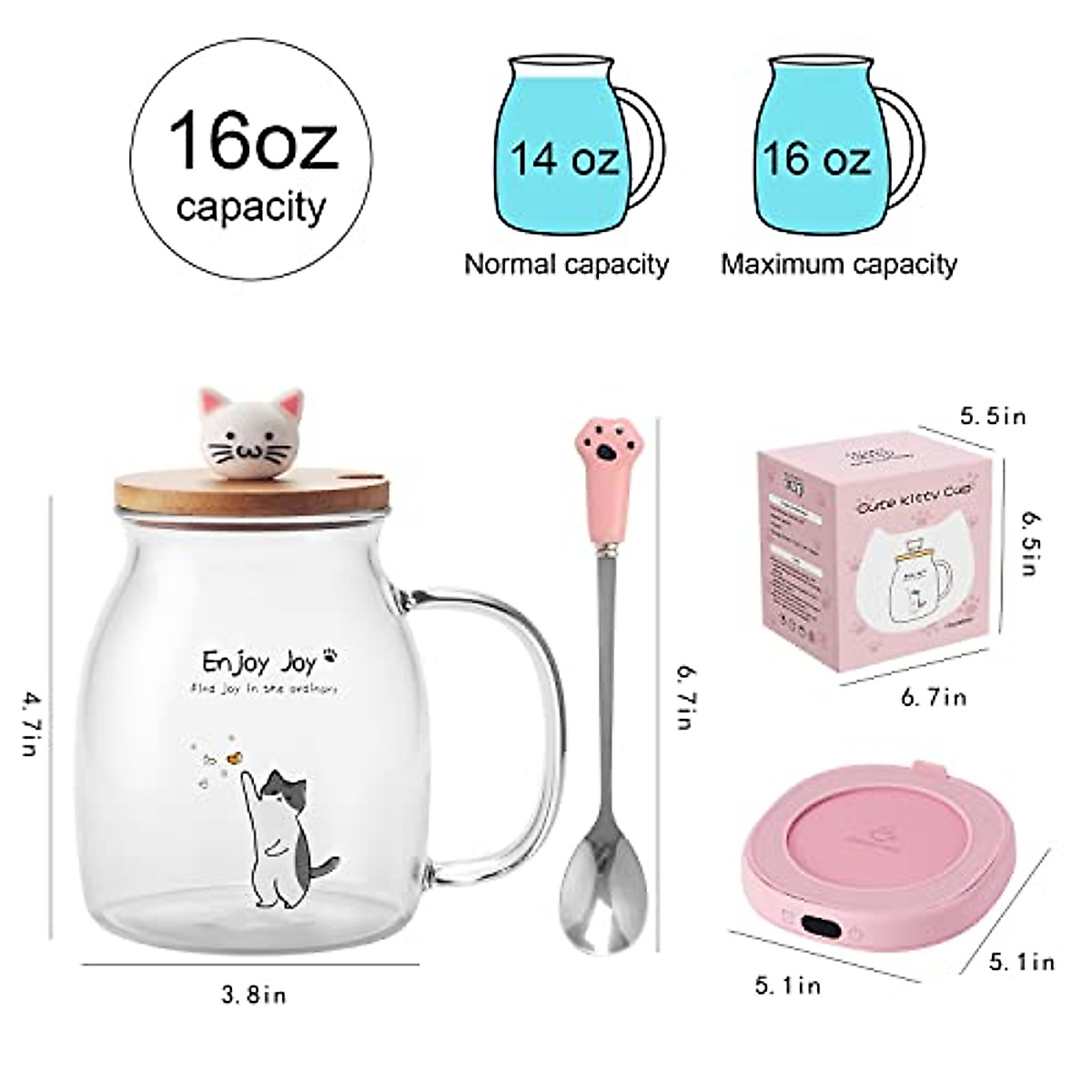 Bsigo Smart Coffee Mug Warmer & Cute Cat Glass Mug Set, Beverage Warmer for Desk Office, Cup Warmer Plate for Milk Tea Water with Time & Temperature Setting(Up to 140℉/ 60℃), 8H Auto Shut Off, Clear