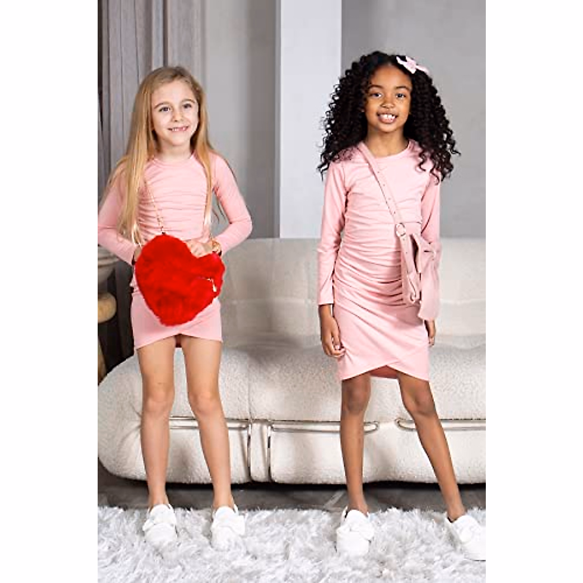 Mini Momo Heart Shape Handbag Cute Girls Purse - Fluffy Faux Fur Bag Women Crossbody, Valentines Day Bow Tie Ribbon Shoulder (Fluffy Heart Chain Bag - Red)