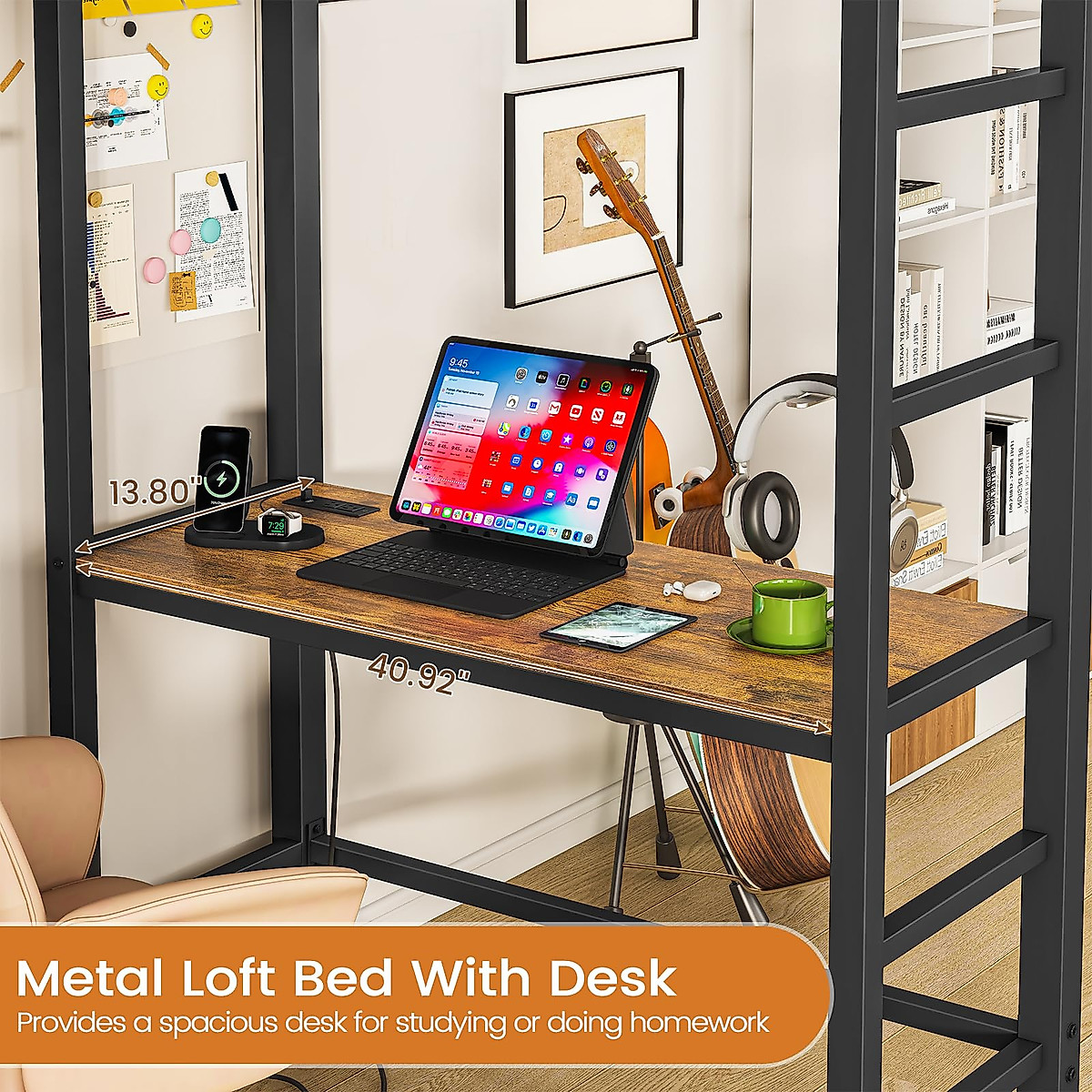 Hasuit Loft Bed Twin Size with Desk and Charging Station Metal Twin Loft Bed with LED Lights, 4 Storage Shelves and 2 Fabric Drawers, Twin Size Loft Bed with Safety Guard, Clothes Rail & Ladder, Black