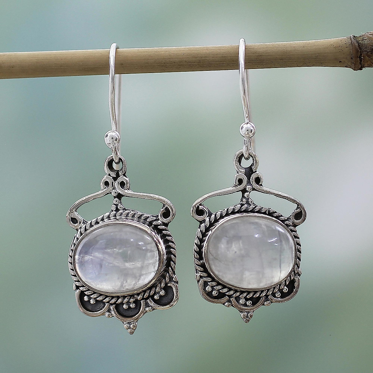 NOVICA Artisan Handmade Rainbow Moonstone Dangle Earrings .925 Sterling Silver from India Clear 'Moonlit Decadence'