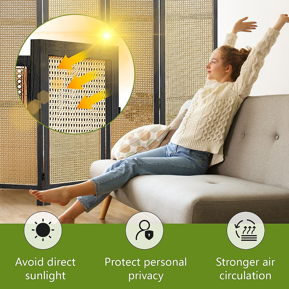 ALeesing 4 Panels Wood Room Divider and Folding Privacy Screens, Hand-Woven Rattan Room Dividers Panel, Room Divider Wall Freestanding, Room Partitions Screen for Home Office Bedroom, Black