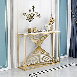 Coffee Table 31.4 Inch Console Table with Geometric Metal Frame, Modern Marble Sofa Table Foyer Table, Rugged and Durable