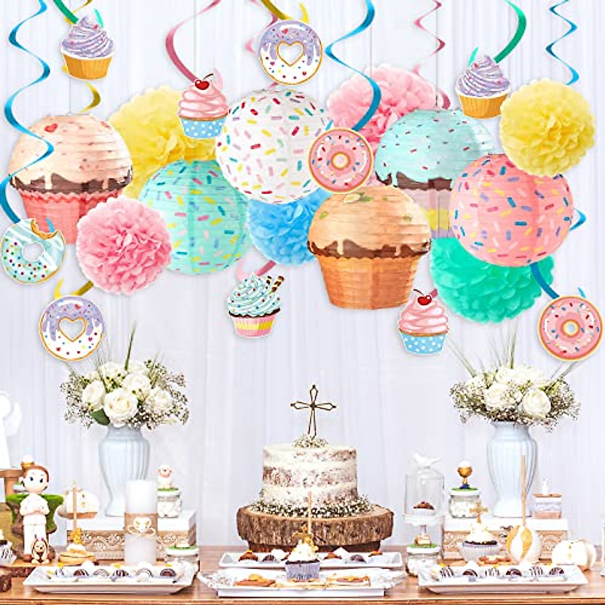 36 Pcs Donut Cupcake Party Hanging Paper Lanterns Donut Cupcake Hanging Swirls Paper Flowers Pom Poms Sprinkle Party Decorations for Kids Girls Birthday Party Baby Shower Sweet Candy Party Supplies