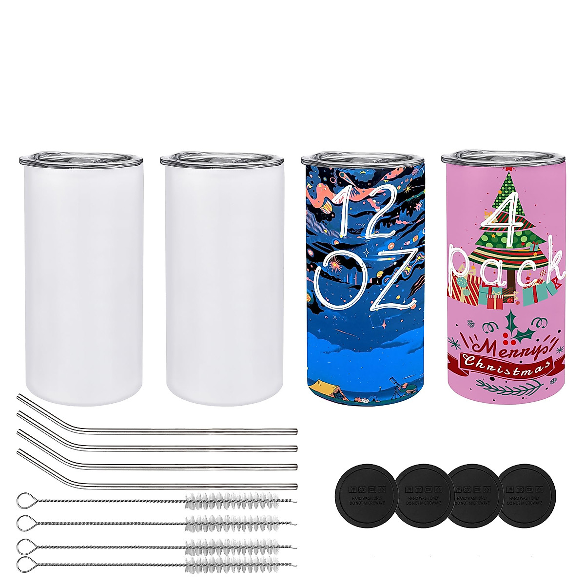 JYLJINGYULI 4 Pack 12 oz Sublimation Tumblers Blanks, 12oz Sublimation Tumbler Cups Blank Bulk, Straight Skinny Insulated Cup Stainless Steel Water Bottle with Lid and Straw for Craft DIY
