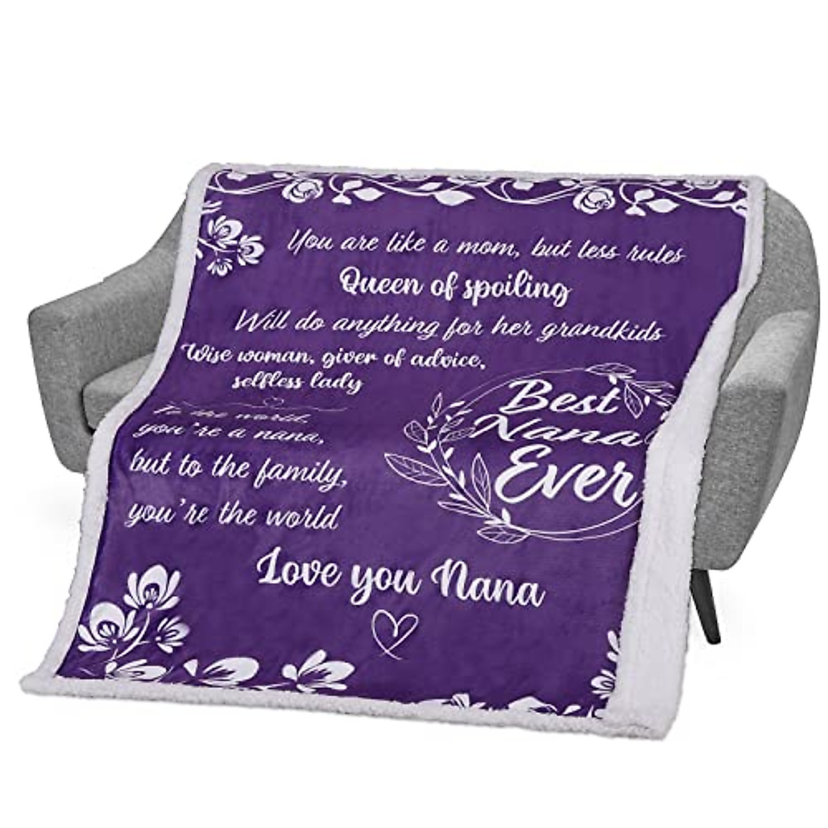 mami home Best Nana Ever Blanket Gift - Wonderful Blankets for Granny with Thick Double Layered Fleece and Sherpa Blanket Fabric | Wholesome I Love You Nana Gifts from Grandchildren Purple 50x60