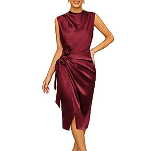 GRACE KARIN Women's Satin Sleeveless Cowl Mock Neck Cocktail Dress Keyhole Tie Elastic Waist Party Wedding Guest Midi Dress Wine L