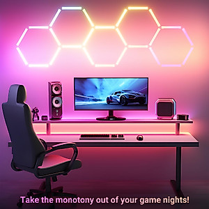 RGB Hexagon Lights - RGB Wall Lights with Music Sync, Dimmable and Speed Adjustable LED Hexagon Lights, LED Wall Lights for Gaming Room Decor, Streaming, Party, Bar, Gym