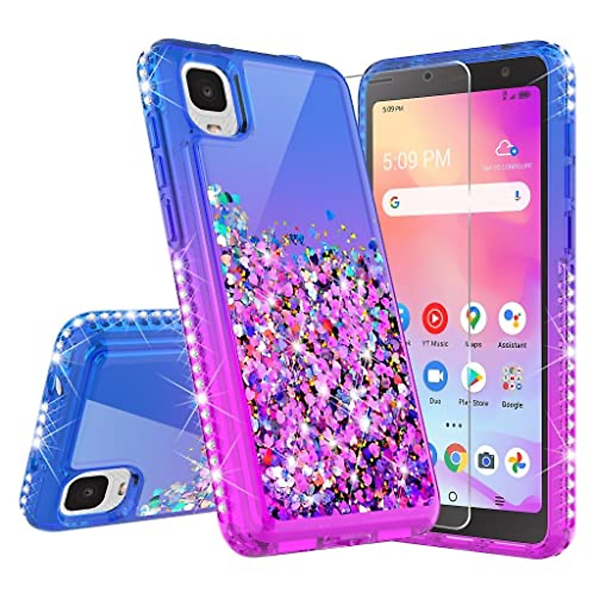 Galaxy Wireless Liquid Glitter Phone Case for TCL ION Z/TCL A3 A509DL/TCL A30 /T501/T501C Case w[Tempered Glass Screen Protector] Bling Diamond Girls Women - Purple/Blue
