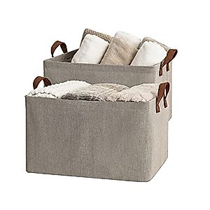 StorageWorks Storage Baskets for Shelves with Metal Frame, Canvas Storage Bins, Baby Gift Basket, Brown and Beige, 2-Pack
