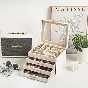 Frebeauty Jewelry Box with Clear Lid,4-Layer Jewelry Organizer with 3 Drawers,Faux Leather Jewelry Organizer and Storage,Square Shape Appearance,Stylish Gold Handle,Jewelry Box for Women(White)