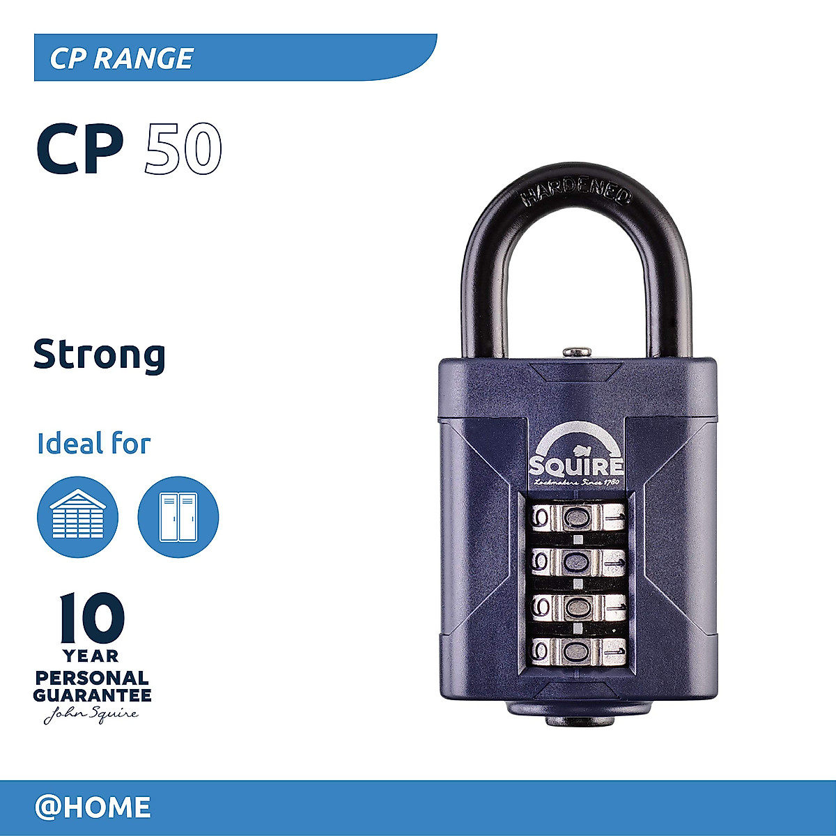 Squire Heavy Duty Padlock (CP50) - Toughest Steel Shackle - 4 Wheel Combination Padlock - Alloy Steel for Corrosion Resistance - Weatherproof Lock for Home, School & Garage (Blue, 50 mm)