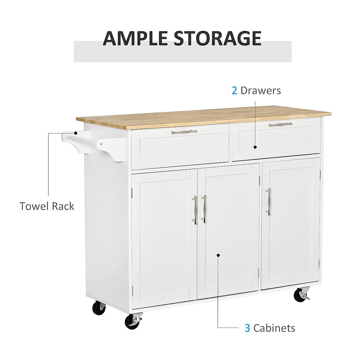HOMCOM Mobile Kitchen Island with Storage, Kitchen Cart with Wood Top, Storage Drawers, 3-Door Cabinets, Adjustable Shelves and Towel Rack, White