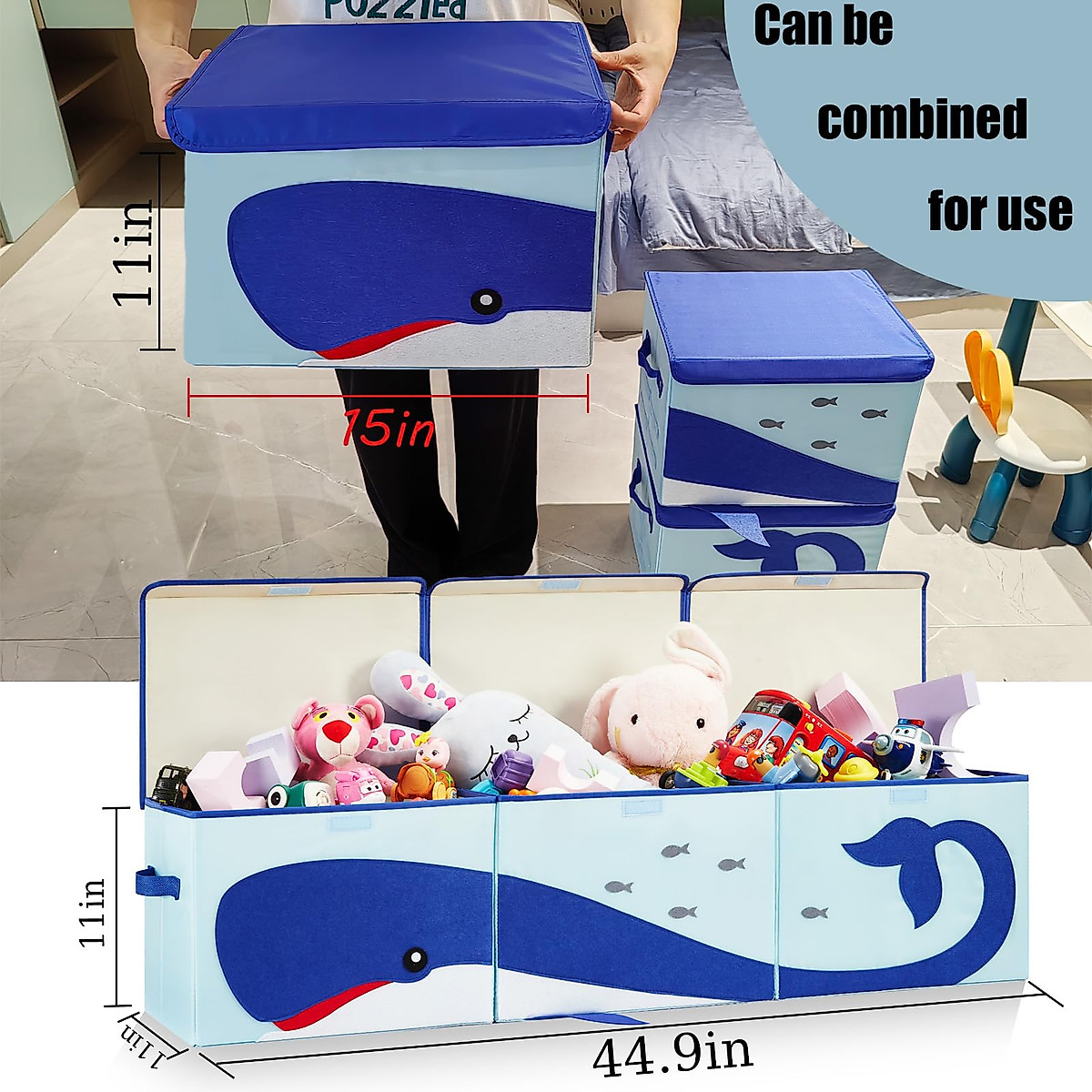 MYFLOCY Toy Box for Kids Extra Large, Collapsible Toddler Toy Organizer Storage, Waterproof Child Toy Chest for Boys Girl with Lids, Sturdy Toy Kid Storage Bin for Nursery(Navy Blue Whale)