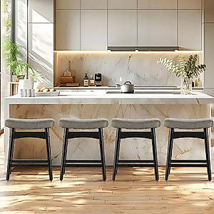 ALPHA HOME Bar Stools Set of 3, Solid Wood Saddle Kitchen Stools with Grey PU Leather Cushion Counter Height Barstools with Wooden Base for Kitchen Dining Cafe, 24 Inch, Grey, 3PCS