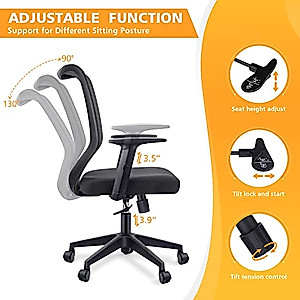 ETasker Office Chair with Adjustable Arms Mid-Back Desk Chair Black - Breathable Mesh Ergonomic Office Chair - Swivel Computer Chair with Rocking Function - Height Adjustable Home Office Desk Chair