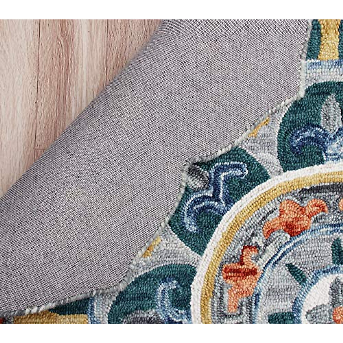 LR Home 4ft Round Indoor Natural Wool Area Rug for Home Decor | Carpet for Bedroom, Living Room, entryway, playroom | Hand Tufted Modern Farmhouse Boho Area Rug for Room Decor | Multi/Teal/Yellow