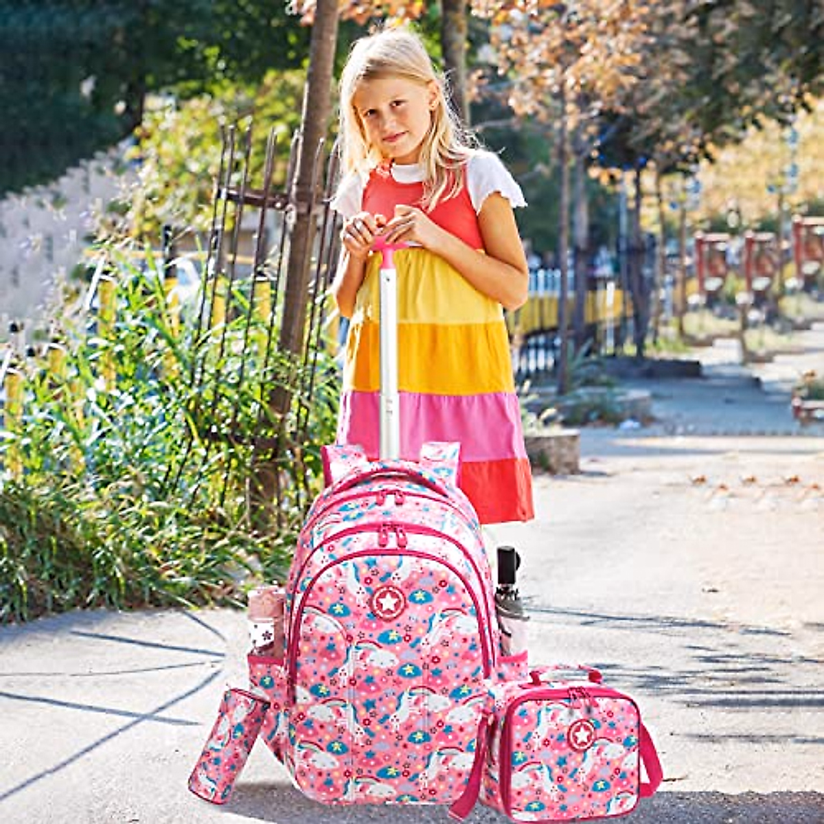 Egchescebo Girls Rolling Backpacks with Wheels 3PCS Unicorn Backpack Set for School Wheeled Luggage Suitcase Lunch Box Pencil Case Large Capacity Bookbag Adjustable Trolley for Elementary Travel Red