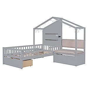 Twin House Bed for Kids, House Platform Bed with Upholstered Sofa, Charging Station, Wireless Charging, Storage Shelves and Two Drawers, Light Strip Included, Gray