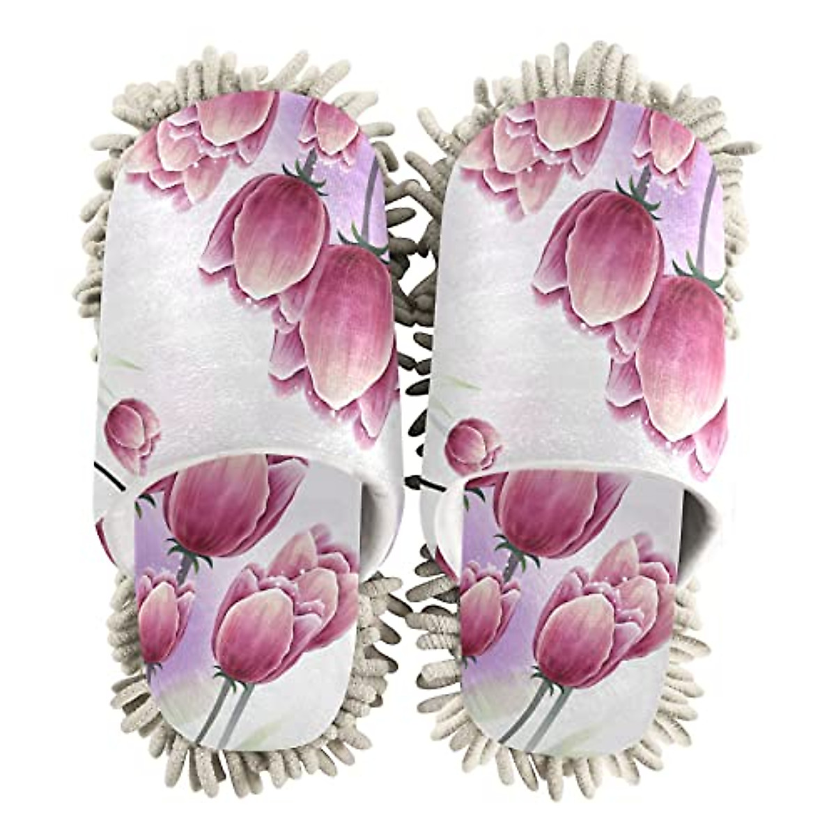 Kigai Microfiber Cleaning Slippers Beautiful Spring Tulip Flower Washable Mop Shoes Slipper for Men/Women House Floor Dust Cleaner, Size M