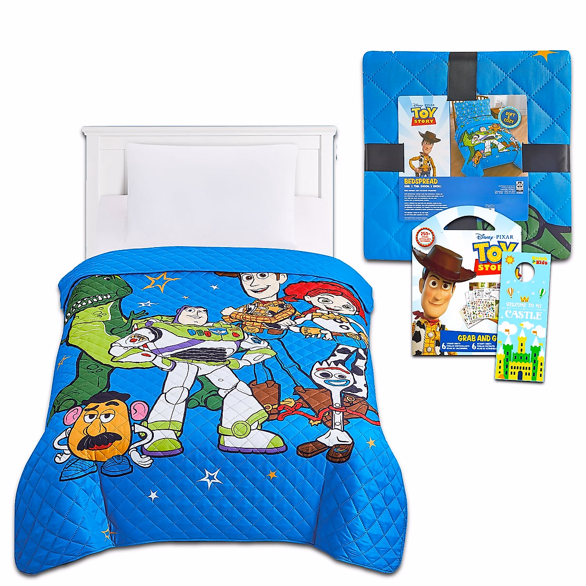 Toy Story Bedspread Twin Set - Bundle with Buzz and Woody Quilted Blanket Plus Stickers, More | Toy Story Twin Bedding Set for Kids