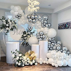 White Silver Balloon Garland Arch Kit,106pcs Balloons Set Included White Metallic Silver Clear and Confetti Balloons Decorations For Birthday Wedding Bridal Shower Baby Shower Bachelorette Party Decor (White Silver)