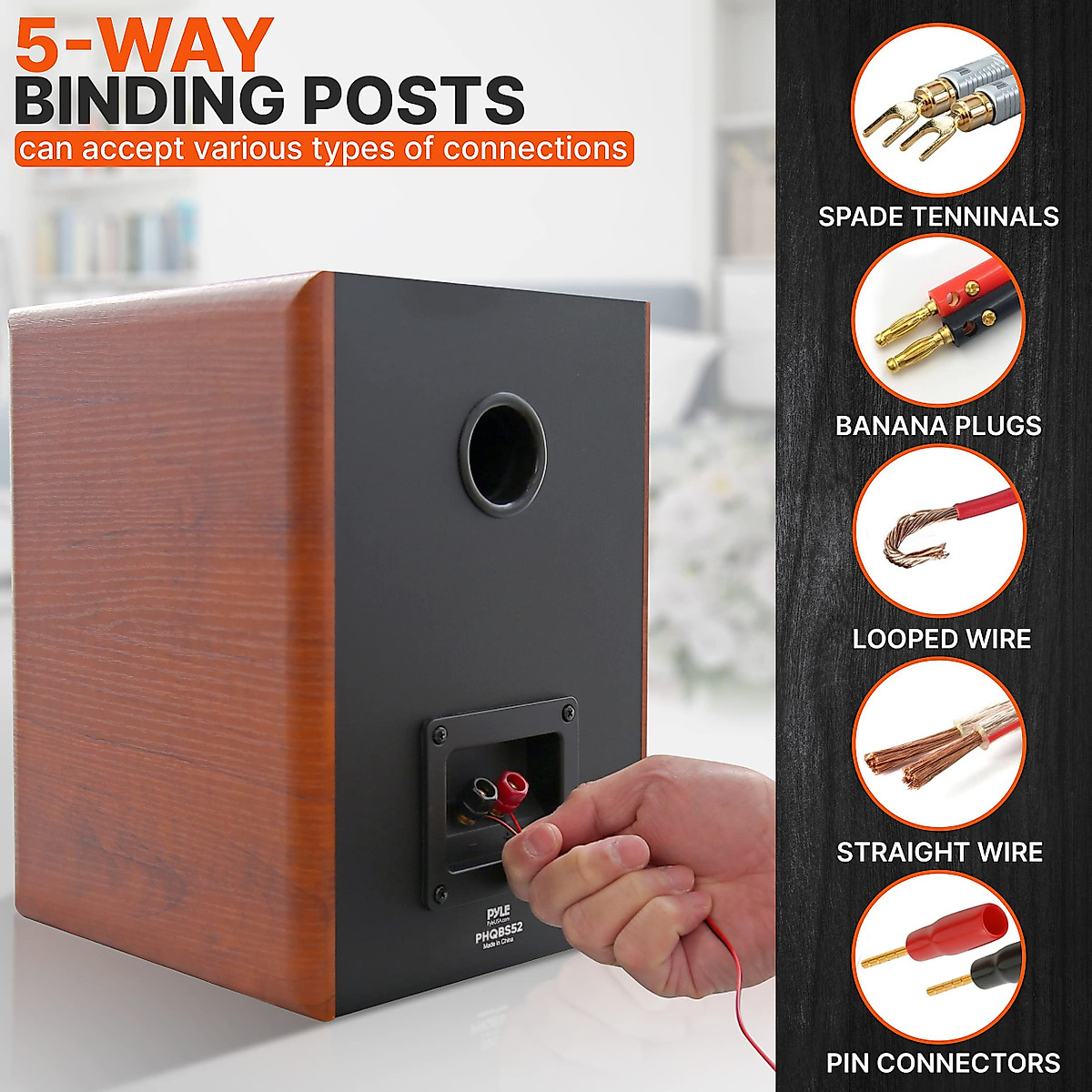 PyleUsa 5.25" Home Wooden Bookshelf Speakers, 200W Max Power, 1" Silk Dome Tweeter and Aluminum Voice Coils, Pair, Gold Plated 5 Way Binding Post,Rubber Surrounds,Beautiful Wood Grain Finish- PHQBS52