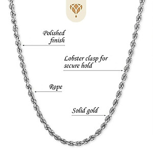 The Diamond Deal 14k REAL Yellow or White Gold 2.00mm Shiny Hollow Rope Chain Necklace for Pendants and Charms with Lobster-Claw Clasp (16" And white-gold)