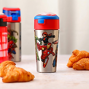 Zak Designs Comics Durable Stainless Steel Straw Bottle with Push-Button Flip Lid Vacuum Insulation Keeps Drinks Cold, BPA Free, 12oz, Marvel Universe