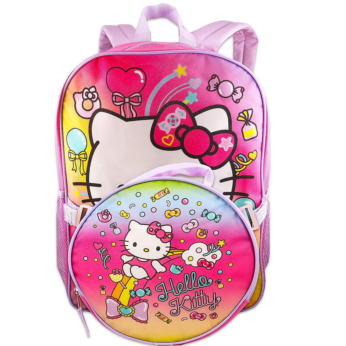 Hello Kitty Backpack Lunch Box for Girls, Kids ~ 4 Pc Bundle with 16" Pink Hello Kitty School Bag, Lunch Bag, Stickers, More (Hello Kitty School Supplies Stuff)