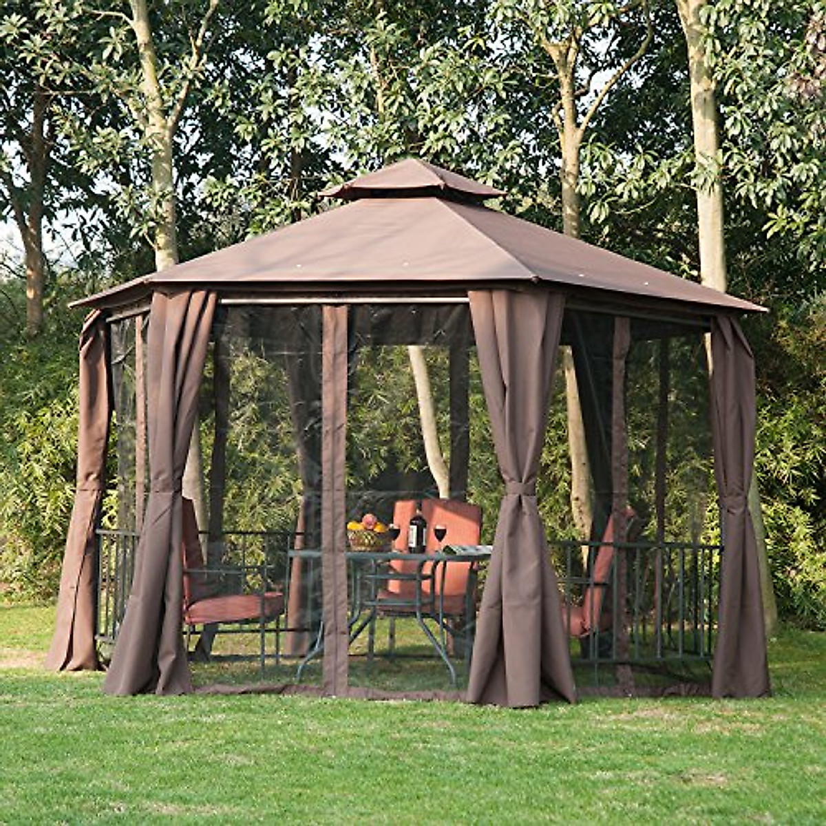 Outsunny 13' x 13' Patio Gazebo, Double Roof Hexagon Outdoor Gazebo Canopy Shelterwith Netting & Curtains, Solid Steel Frame for Garden, Lawn, Backyard and Deck, Coffee