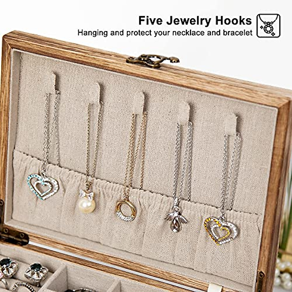 Pinzoveco Jewelry Box for Women, Rustic Wooden Jewelry Organizer Box for Storage Earrings Rings Necklace Bracelet, Farmhouse Style Wood Jewelry Boxes & Organizers (Torched Wood Color)