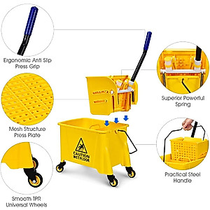 Byroce Commercial Mop Bucket on Wheels, Portable Mop Bucket with Side Press Wringer & Handle, Ideal for Household, Industrial Floor Cleaning, 21 Quar