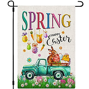Whaline Easter Garden Flag Double-Sided Happy Easter Spring Burlap Garden Flag Truck Bunny Rabbit Egg Yard Flag Banner 12.5 x 18" Farmhouse Outdoor Decor for Patio Lawn