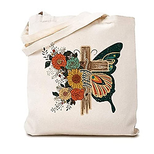 Christian Canvas Tote Bags for Women Flower Butterfly Faith Cross Shoulder Bag Shopping Bag Christian Gift White
