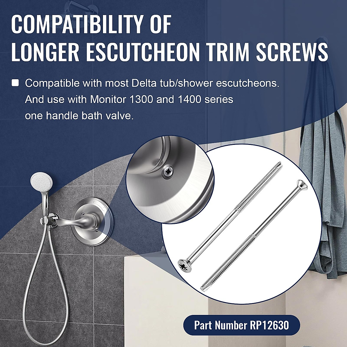 RP12630 Longer Escutcheon Trim Screws Replacement for Delta Faucet, Shower Trim Screws for Valves Roughed-in Too Deep, Faucet Repair Parts for Delta Classic Tub/Shower System, 2 Pack