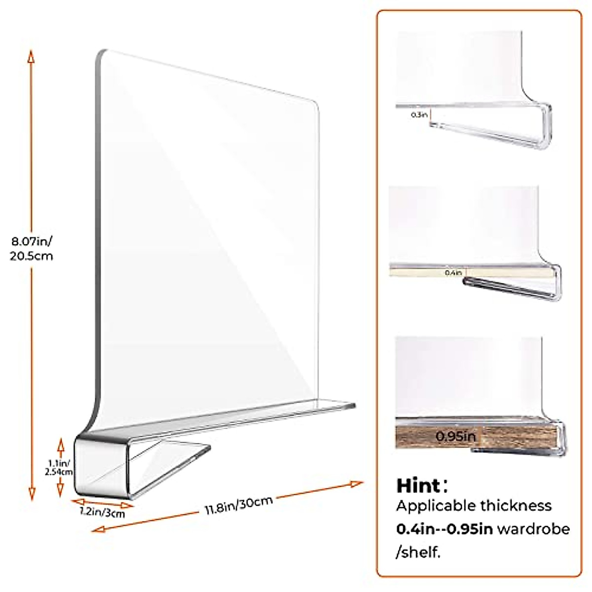 8Pcs Clear Acrylic Shelf Dividers for Closet Organization Transparent Closet Shelf Divider Organization to Organize Wood Closet Separator for Organization in Bedroom, Kitchen and Office Shelves…