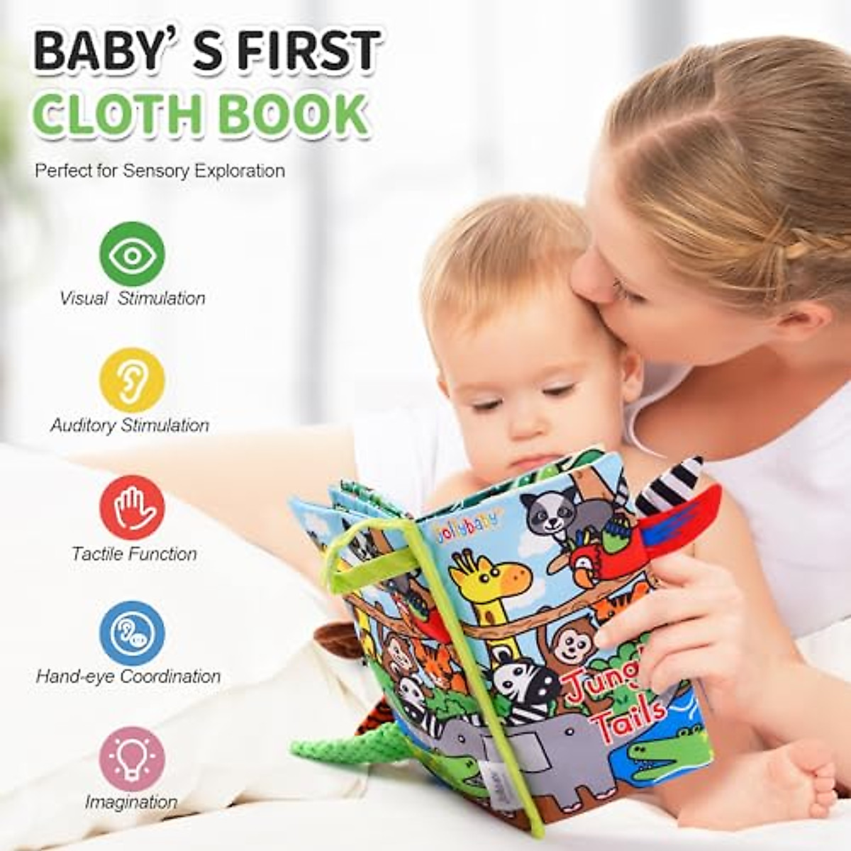 Jollybaby Crinkle Books for Babies, Sensory Soft Touch and Feel Baby Books Toys for 0-6 Months Infants, Newborn Montessori Early Educational Cloth Books Toys, Baby Girl & Boy Gift(Jungle Tails)