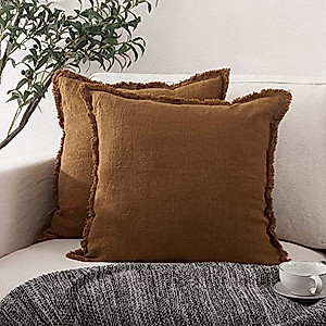 ATLINIA Linen Decorative Throw Pillow Cover 20'' x 20'' Fringed Throw Pillow Cover Pillow Cases Accent Pillows for Bed Brown Pillow Cover