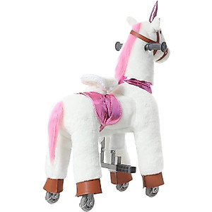 PONYEEHAW Walking Horse Ride On Toy Plush Animal Pink Unicorn Small Size for Ages 3-6 Years