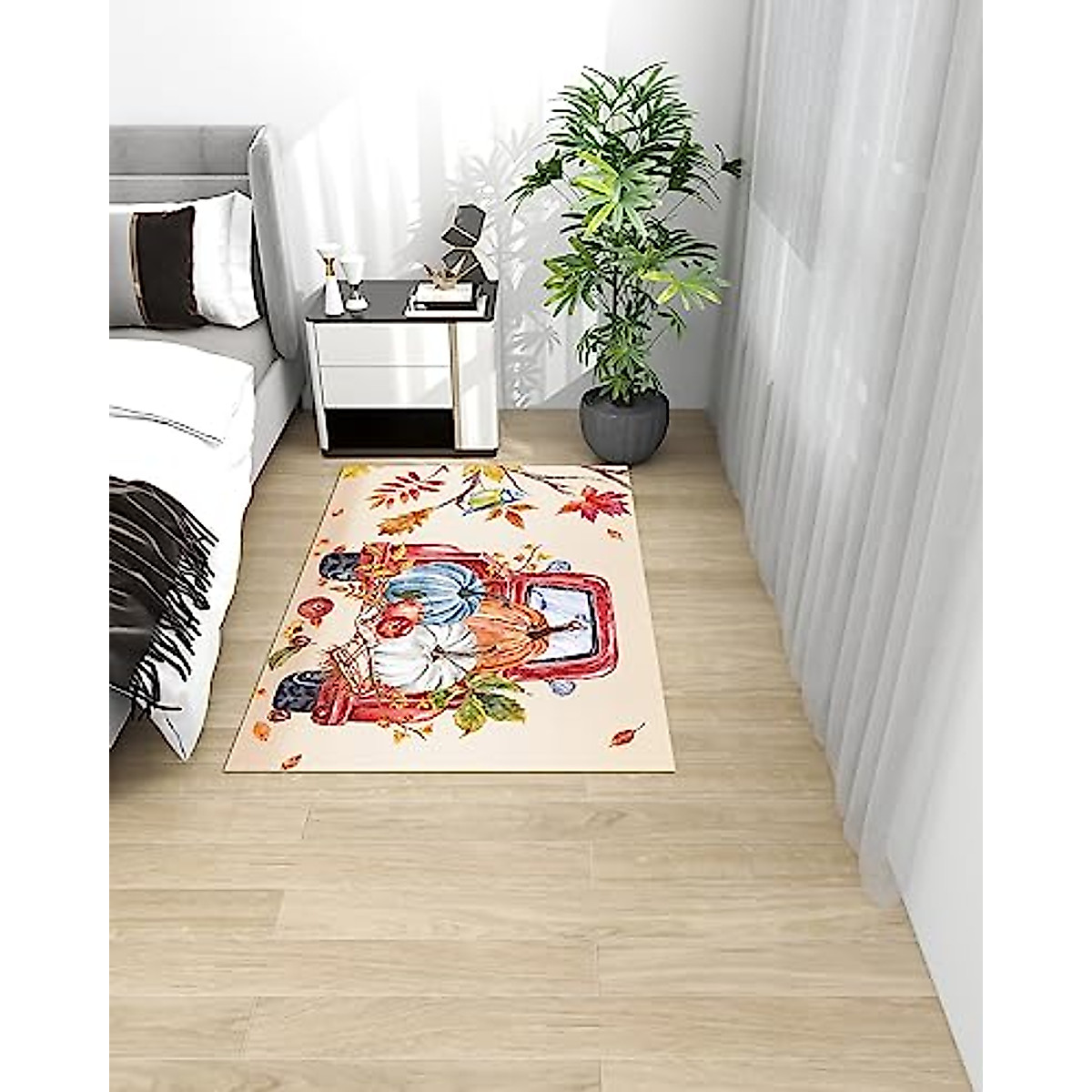 Thanksgiving Fall Large Rectangular Area Rugs 5' x 7' Living Room, Durable Non Slip Rug Carpet Floor Mat for Bedroom Bedside Outdoor Farmhouse Red Truck Pumpkin Leaves Autumn