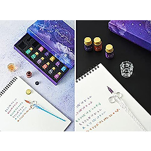 XIAOYU Glass Dip Pen Set, 16 Pieces Calligraphy Pen Set Includes 2 Crystal Glass Pens, 12 Colors Ink, Cleaning Cup, Pen Holder, Pink