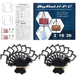 Perfect Curve Purse Rack HPC | Over The Door Purse Organizer | Purse Organizer for Wall | Purse Organizer for Closet | Updated Design | New Clips | Two Straps | Holds Up to 18 Bags | Black