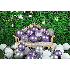 Purple, silver metal balloons and white balloons with purple confetti balloons, each pack of 50 12-inch party balloons birthday, wedding party decoration.