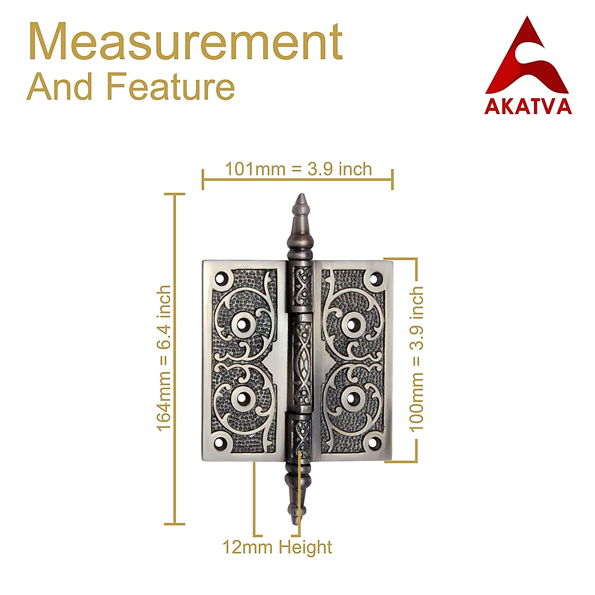 Akatva 164mm x 101mm x 12mm Brass Decorative Hinge Set - 1 Piece Gate Hinges for Wooden and Metal Fences, Doors, Cabinets - Brass Ball Bearing Hinge Hardware Kit - Antique Brushed Nickel Finish