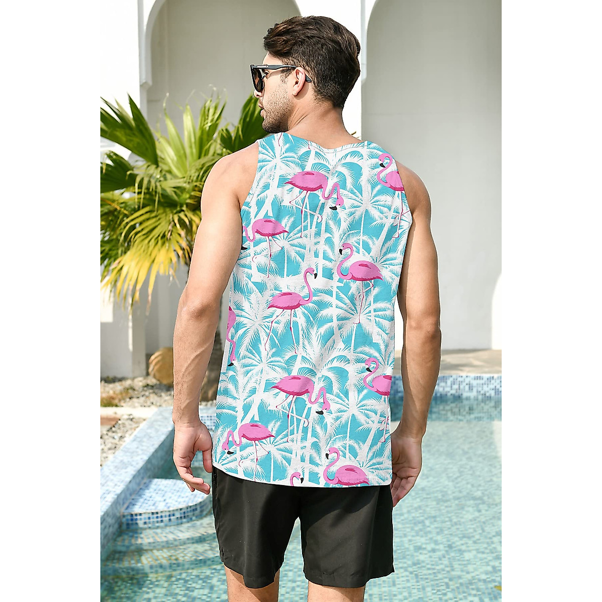 RAISEVERN Mens Flamingo Tank Top Sleeveless Palm Tree Tee Shirt Muscle Gym Workout Hawaiian Tropical Graphic Tops Summer Holiday Beach Rave T-Shirt Pink