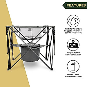 ARROWHEAD OUTDOOR 33.5” Portable Folding Tailgate Table, 4 Cup Holders, Food Basket, Insulated Cooler, No Sag Surface, Square, Carrying Case, Steel Frame, High-Grade 600D Canvas, USA-Based Support