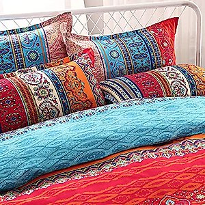 Bohemain Comforter Set Queen, Reversible Boho Down Alternative Comforter Set for All Seasons, 3 Pieces (1 Solid Comforter + 2 Pillow Shams), Soft Microfiber Bedding 90'' x 90"