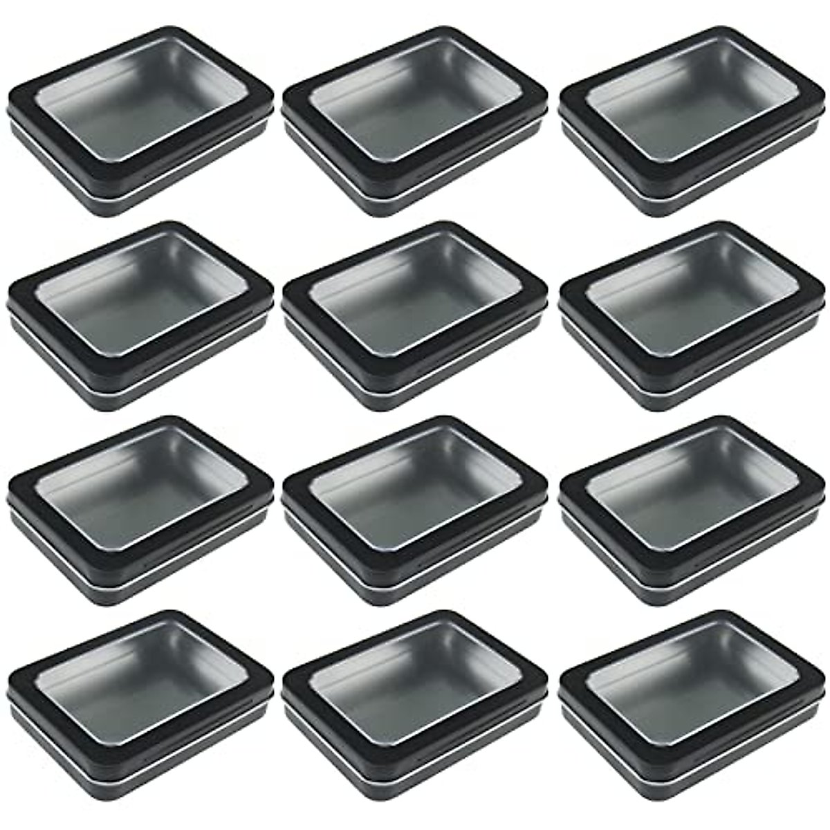 12 Pack Empty Rectangular Metal Storage Organizer Tins with Clear Window Hinged Lids for Small Items and Other Craft Projects, 4.5 x 3.3 x 0.9 inch (Black)