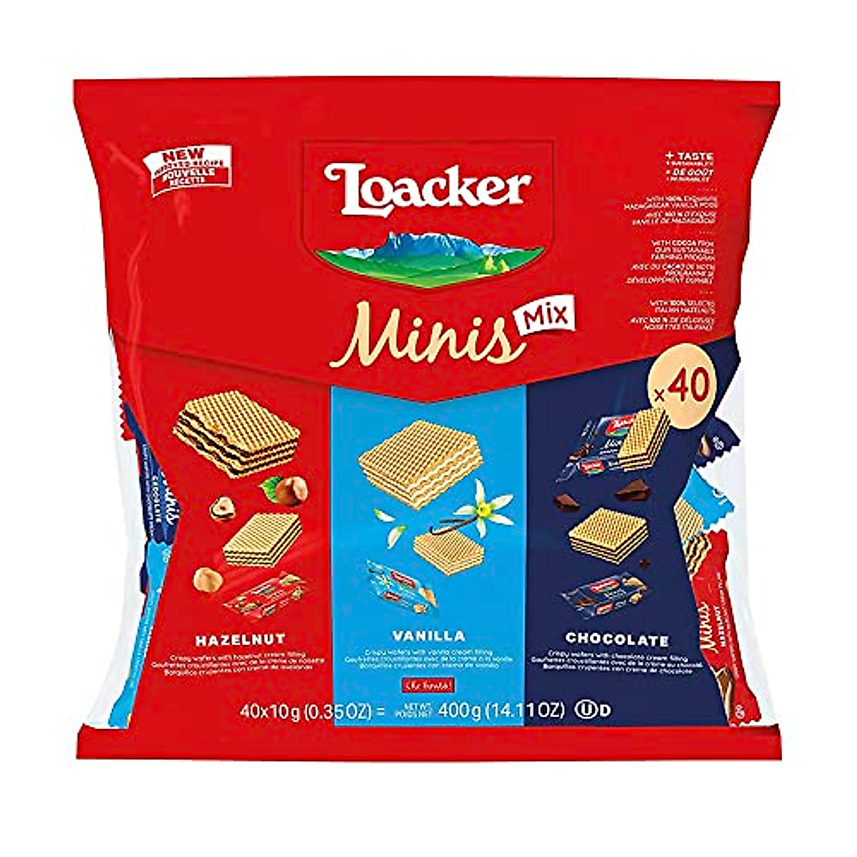 Loacker Minis Wafer Variety Pack - 30% Less Sugar - Premium Assorted Cream Filled Wafer Cookies - Mix of Hazelnut, Chocolate and Vanilla Crispy Wafers - NON-GMO - Sustainably Sourced Ingredients - 10g/0.35oz, 40 Individually Wrapped Snack Packs (mix)