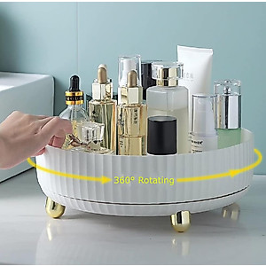 Hibekol 360° Makeup Organizer - 8.66" Diameter Spinning Skincare Perfumes Organizer - Cosmetics Organizer for Vanity Countertop and Bathroom Dresser - Lazy Susan Storage Box (White)